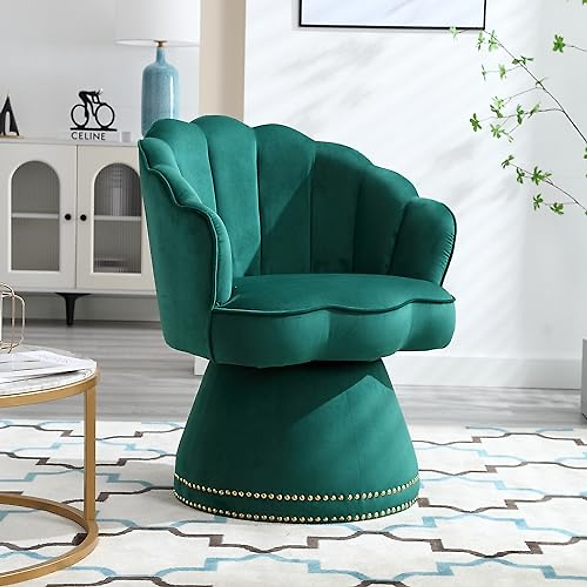 Sudwesto 360 Degree Swivel Barrel Chair, Velvet Upholstered Armchair, Round Accent Sofa Chair with Shell Back Design and Nailhead Trim, Swivel Club Chair for Living Room, Bedroom (Emerald)