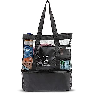 Zodaca Black Mesh Beach Tote with Cooler, Play & Joy Insulated Lake Bag (17 x 16 x 5 in)