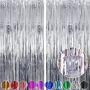 Fringe Curtains Party Decorations, Tinsel Streamers Birthday Party Decorations, Fringe Backdrop for Graduation, Baby Shower, Gender Reveal, Disco Party (2 Pack, Silver)