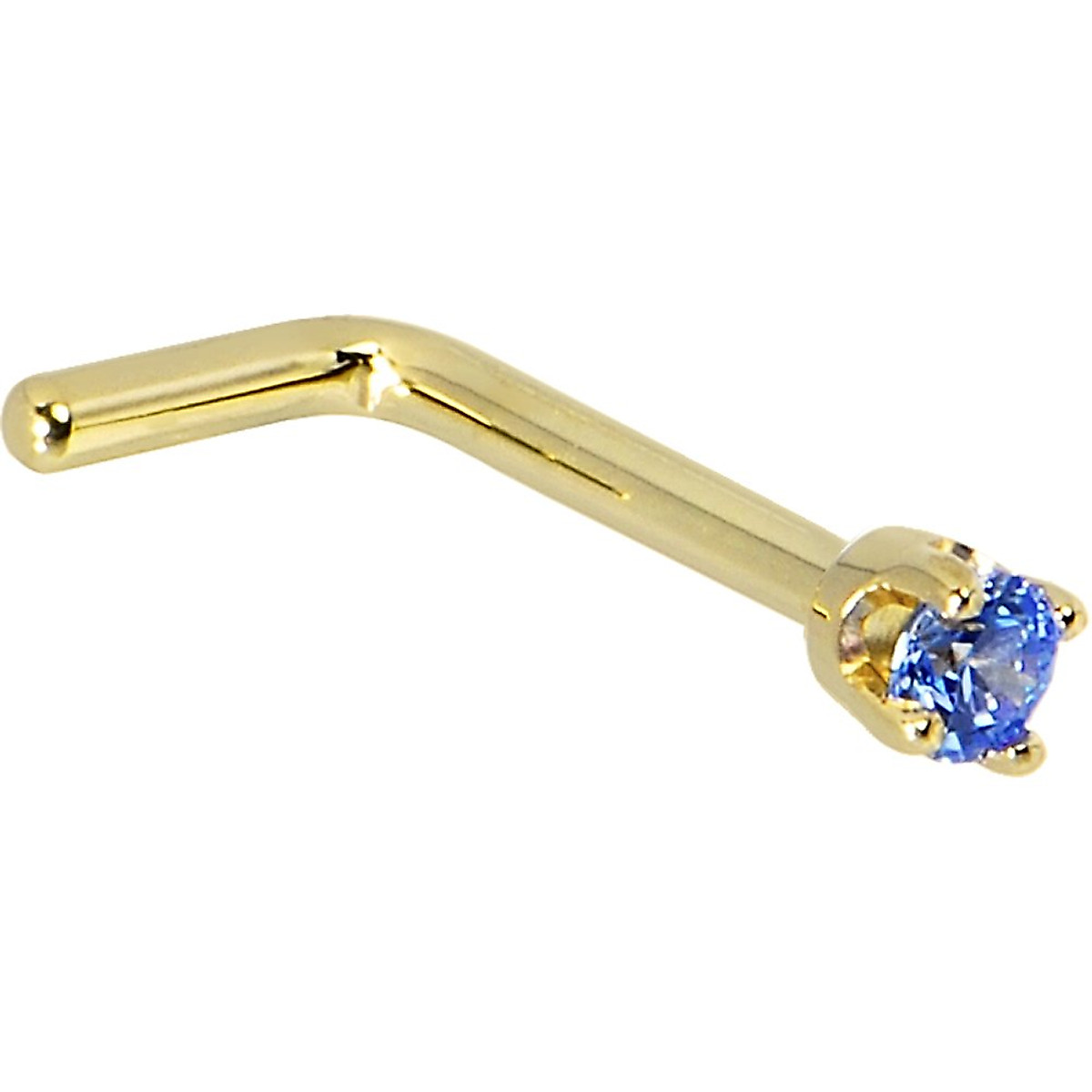 Solid 14k Yellow Gold 2mm Arctic Blue Cubic Zirconia L Shaped Nose Stud Ring 18 Gauge 1/4"