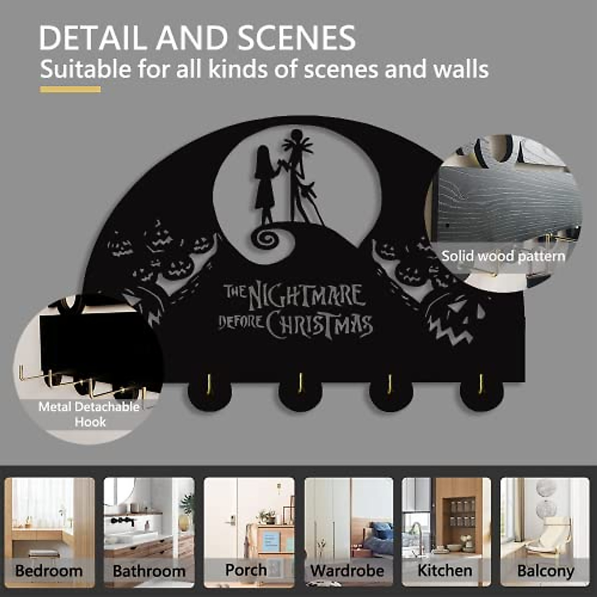 The Nightmare Before Christmas Key Hooks-Wall Hooks Heavy Duty 20LB(Max),Wall Décor,Wood Coat Hooks, Key Holder,Key Hanger for Wall、Entryway and Kitchen