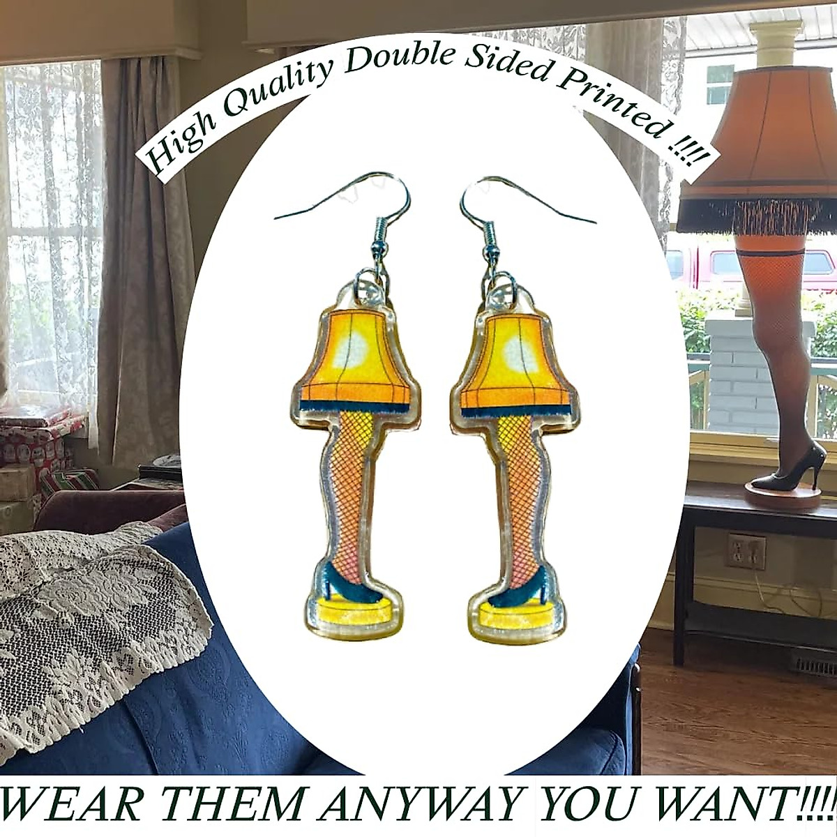Cute Leg Lamp/ Pink Rabbit Pajamas, Fragile Box Earrings for Christmas, Tacky Sweater Parties, Teachers, Christmas Story Parties and More. Fun Pair of Christmas Earrings! Dangle Christmas Earrings for