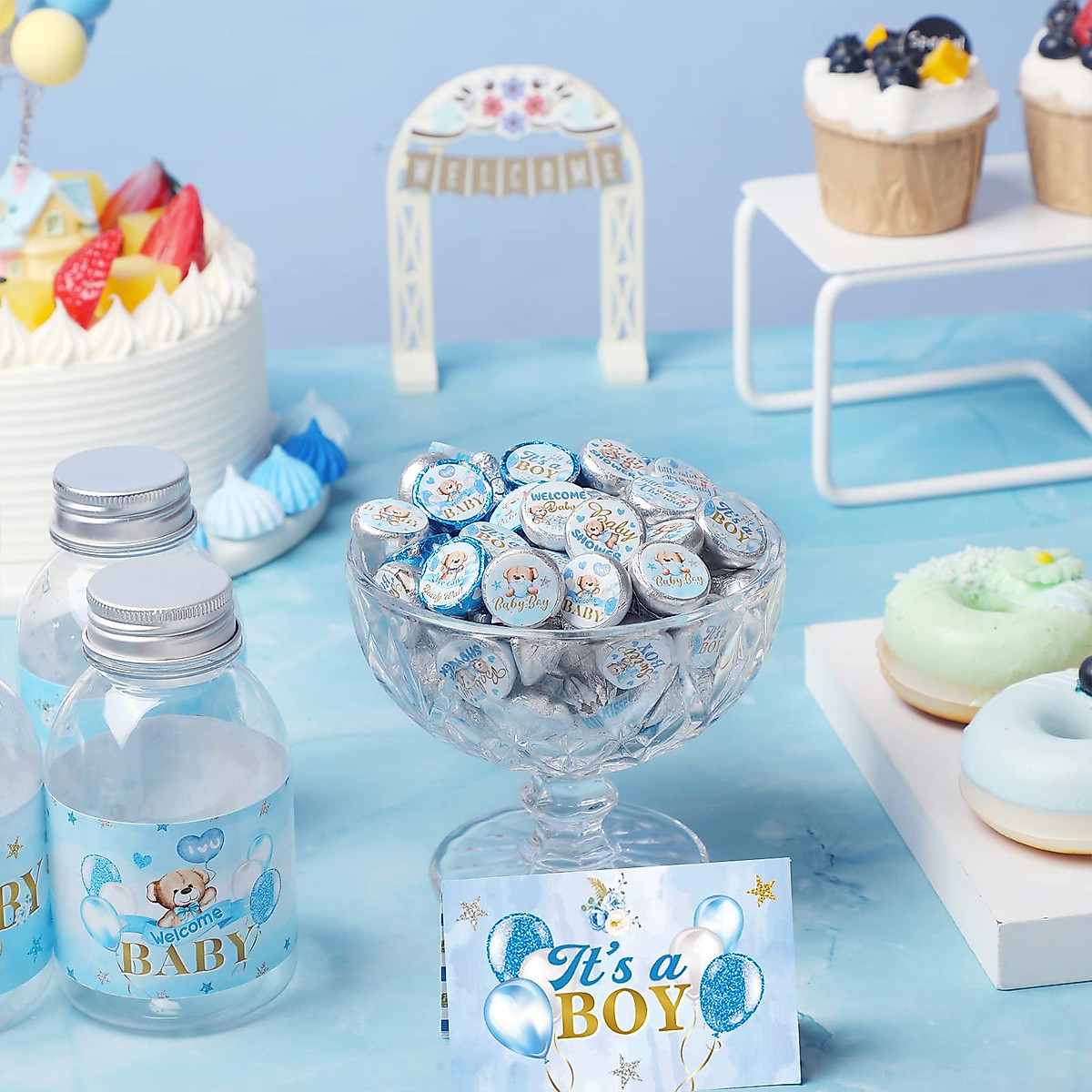Clabby 504 Pieces Boy Girl Baby Shower Favors Stickers Mini Kisses Candy Stickers Chocolate Drop Labels Wrappers Little Cutie Baby Shower Decoration for Sprinkle Birthday Party(Blue Bear)