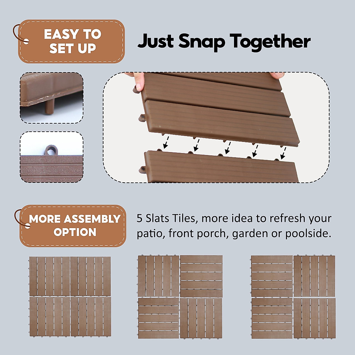 CLOVERHOLM Pack of 9 Composite Deck Tiles, Interlocking Patio Tiles, Decking Tiles Outdoor Waterproof All Weather, Outdoor Shower, Balcony Floor, Porch Flooring, Poolside Walkway (12 Inch, Brown)