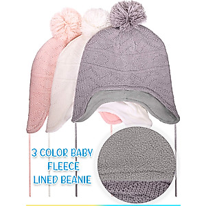 3 Pieces Toddler Baby Kid Winter Beanie Hat Warm Thick Fleece Lined Cap Knit Hat with Earflap and Chin Straps for Girls Boys (1-5 Years)
