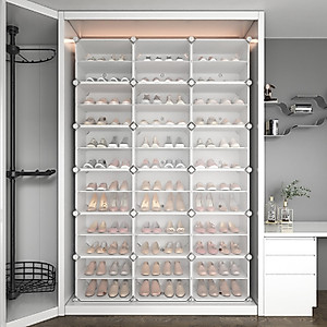 ROJASOP Portable Shoe Rack Organizer with Door, 72 Pairs White Shoe Storage Cabine Covered Shoe Rack Shoe Organizer for Closet Entryway Garage Closed Shoe Rack Organizer Cabinet with Doors