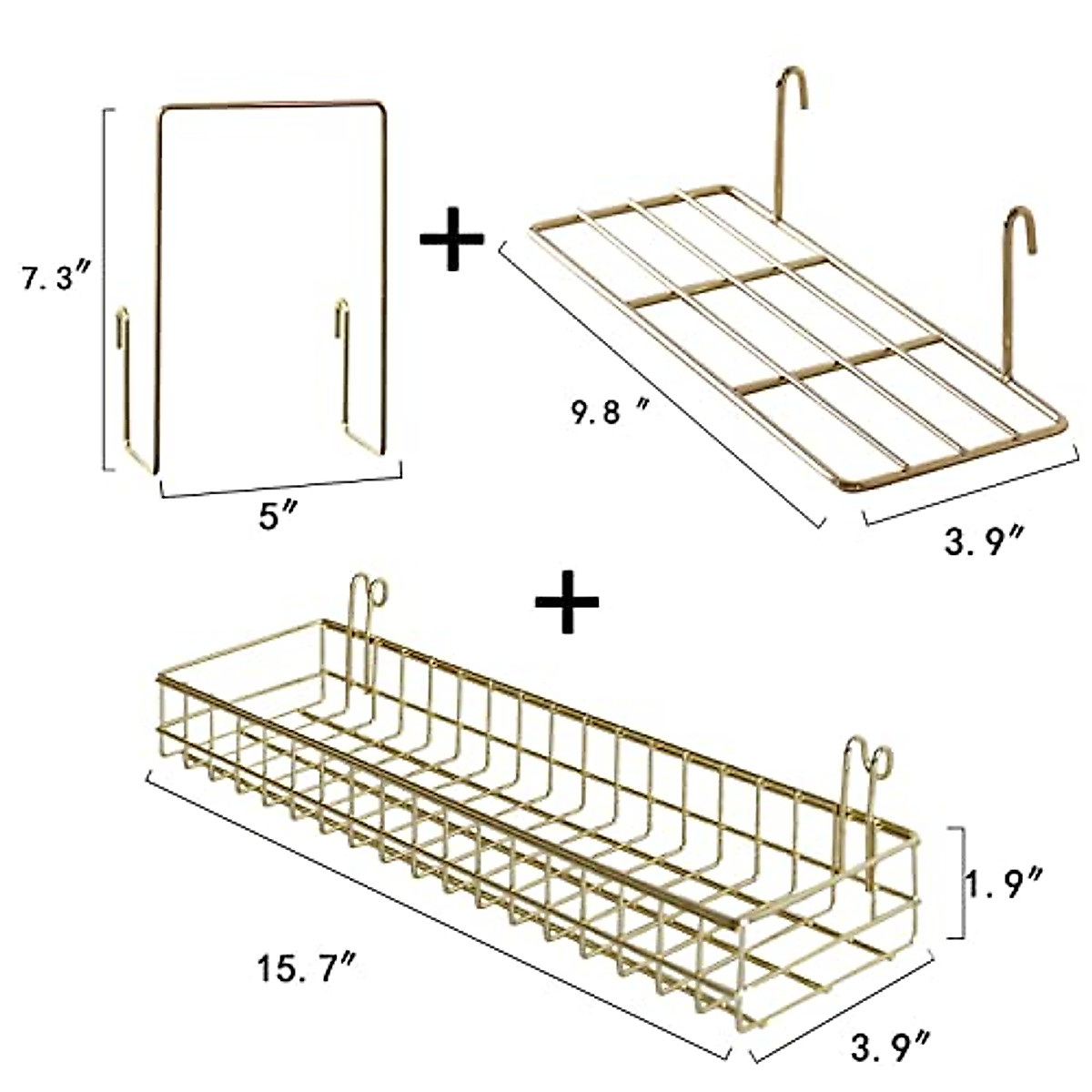 FRIADE Gold Grid Basket with Hooks,Bookshelf,Display Shelf for Wall Grid Panel,Wall Mount Organizer and Storage Shelf Rack for Home Supplies,1 Set of 3 (Gold)