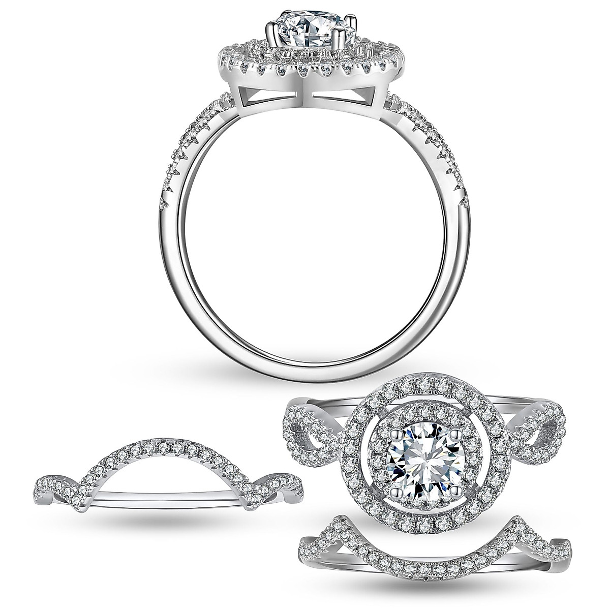 Halo Wedding Ring Set for Women by Ginger Lyne |3 Ring Bridal Set | Sterling Silver Engagement Ring Two Matching Anniversary Bands | Cubic Zirconia Promise Rings for Her