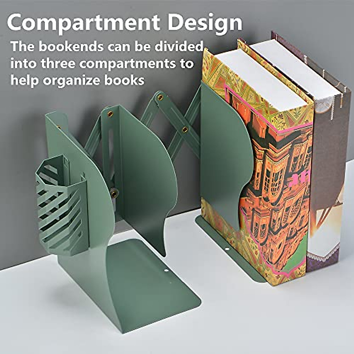 Citmage Adjustable Bookends 3 Compartments Decorative Metal Book Holders Heavy Duty Expandable Book Stand Organizer Magazine File Book Racks for Desk, Shelf, Office, Stationery Gift(Green)