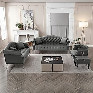 Velvet Chesterfield Sofa,Twin Size Upholstered Couch,Button Tufted Nailhead Trimming Curved Backrest Rolled Arms with Silver Metal Legs Living Room Set,2 Pillows Included (Grey, 59.4 * 29.1 * 35")