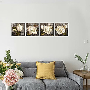 Brown Wall Art Brown Flower Canvas Print for Bathroom Living Room Kitchen Decor Rustic Brown Wall Decor White Flowers Magnolia Floral Canvas Print Art 12x12inchx4pcs
