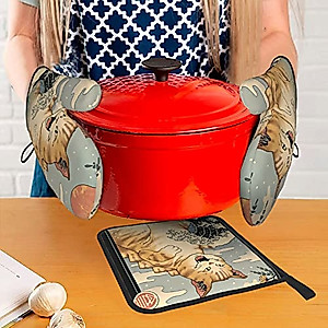 Tattoo Funny Cat Oven Mitts Pot Holders Set Non-Slip Cooking Kitchen Gloves Washable Heat Resistant Oven Gloves for Microwave BBQ Baking Grilling