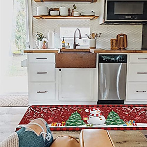 Libaoge Kitchen Mat Rug 1 PCS Christmas Snowman Xmas Tree Bird Red Black Plaid Runner Rug Anti-Fatigue Comfort Memory Foam Standing Mat Non-Slip Floor Door Mat for Bathroom Bedroom 16x47in