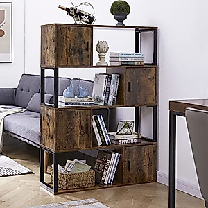 LIFUSTTG Bookshelf, Rustic 5 Shelf Bookcase with Cabinet and Open Shelves, Industrial Wood and Metal Frame Display Storage Rack for Living Room, Rustic Brown