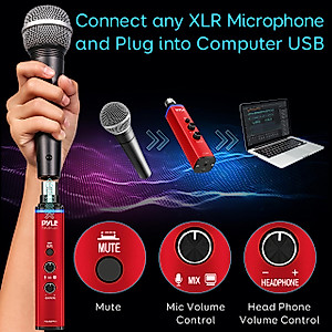 Pyle Microphone XLR to USB Signal Converter Adapter Universal Windows Mac Plug and Play Mic to PC Adaptor for Digital Recording Interface, Mix Audio Control, 48V Phantom Power, USB Cable (Red)