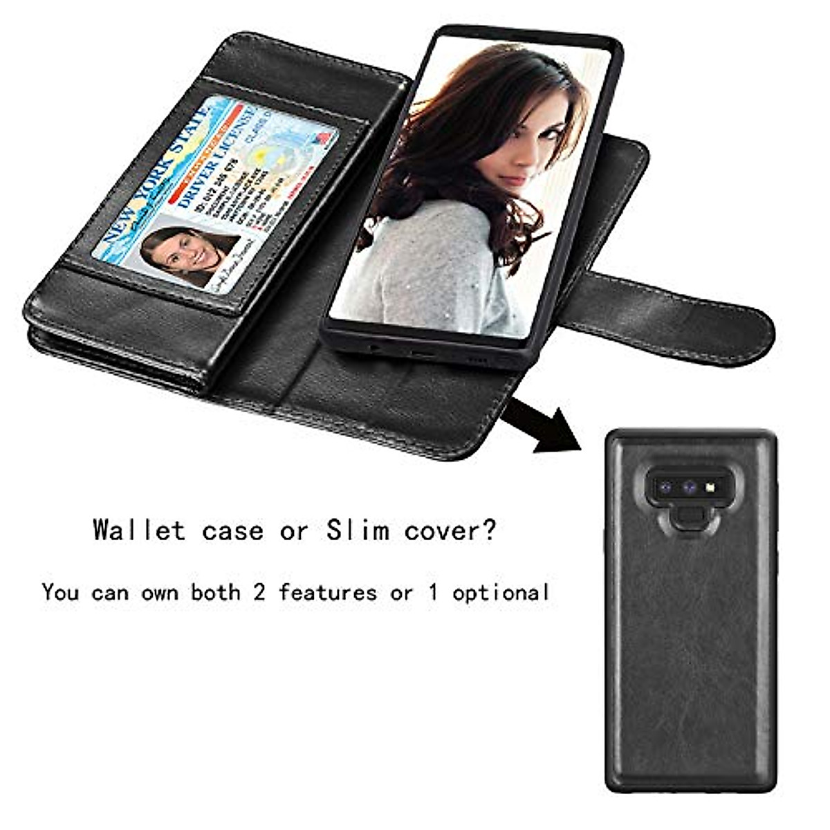 NJJEX for Galaxy Note 9 Wallet Case, for Note 9 Case, Luxury PU Leather [9 Card Slots] ID Credit Folio Flip Cover [Detachable][Kickstand] Magnetic Phone Case & Wrist Strap for Samsung Note 9 [Black]