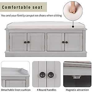 ROOMTEC Storage 4 Doors and Adjustable Shelves, Shoe Bench w/Removable Cushion & Seating for Entryway Living Room Hallway Bedroom,Grey