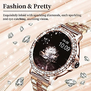 Smart Watches for Women (Answer/Make Call) with Diamonds, 1.3” HD Touch Screen Bluetooth Smartwatch for Android iOS Phones, Fitness Activity Trackers with Heart Rate/SpO2/BP/Sleep Monitor (Gold)