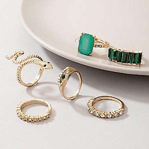 Jumwrit Bohemian Knuckle Finger Rings for Women Gold Snake Evil Eye Rhinestone Rings Green Emerald Stackable Rings for Teens Girls （6 PCS）