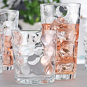 Le'raze Drinking Glasses Set of 18 Clear Glass Cups - 6 Highball Glasses 17oz, 6 Rocks Glasses 13oz, 6 DOF Glasses 7oz, Bubble Design Glassware Set for Water, Juice, Wine, Cocktails, & Beer Glasses.
