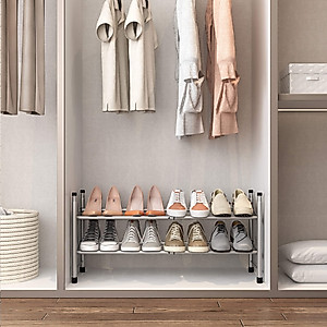 TZAMLI 2-Tier Freestanding Shoe Rack Metal Iron of Expandable and Adjustable Shoes Organizer, Stackable Shoe Shelf for Closet Entryway Doorway (Silver Gray, 2-Tier-Small)
