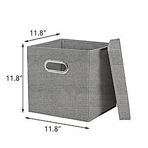 Collapsible Storage Bins With Lids, Linen Fabric Foldable Storage Boxes Closet Organizer Containers With Cover For Home, Office, Bedroom Nursery [2-Pack] (Gray, Metal Handle)