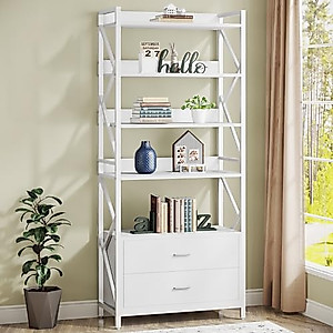 Tribesigns Bookshelf with Drawers, 70.8" Industrial Bookcase with 2 Drawers, 5 Shelf Open Shelf for Storage, Wood Book Shelf for Living Room, Bedroom, Home, Office (1, White)