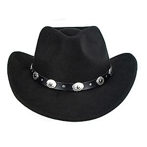Women & Men Felt Western Cowboy Hat Classic Roll Up Brim Belt Buckle Cowgirl Fedora (M-L)