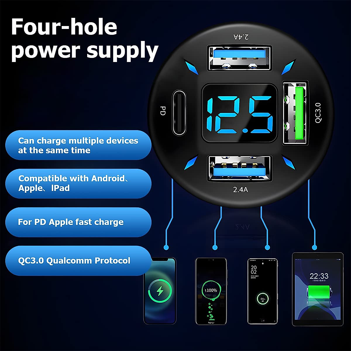 Ankuee 4 Ports USB Car Charger Adapter, Auto Portable PD 3.1/QC 3.0 Fast Charge Cigarette Lighter with Flush Fit Charging Plug, Compatible with iPhone 14 13 12, Samsung, S22 S21 (PD20W+QC3.0+2*2.4A)