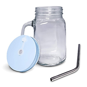Home Suave 20oz Mason Jar Mugs with Handle Set of 2, Regular Mouth, Light blue Lids with Reusable Stainless Steel Straw, Kitchen GLASS 20 oz Jars