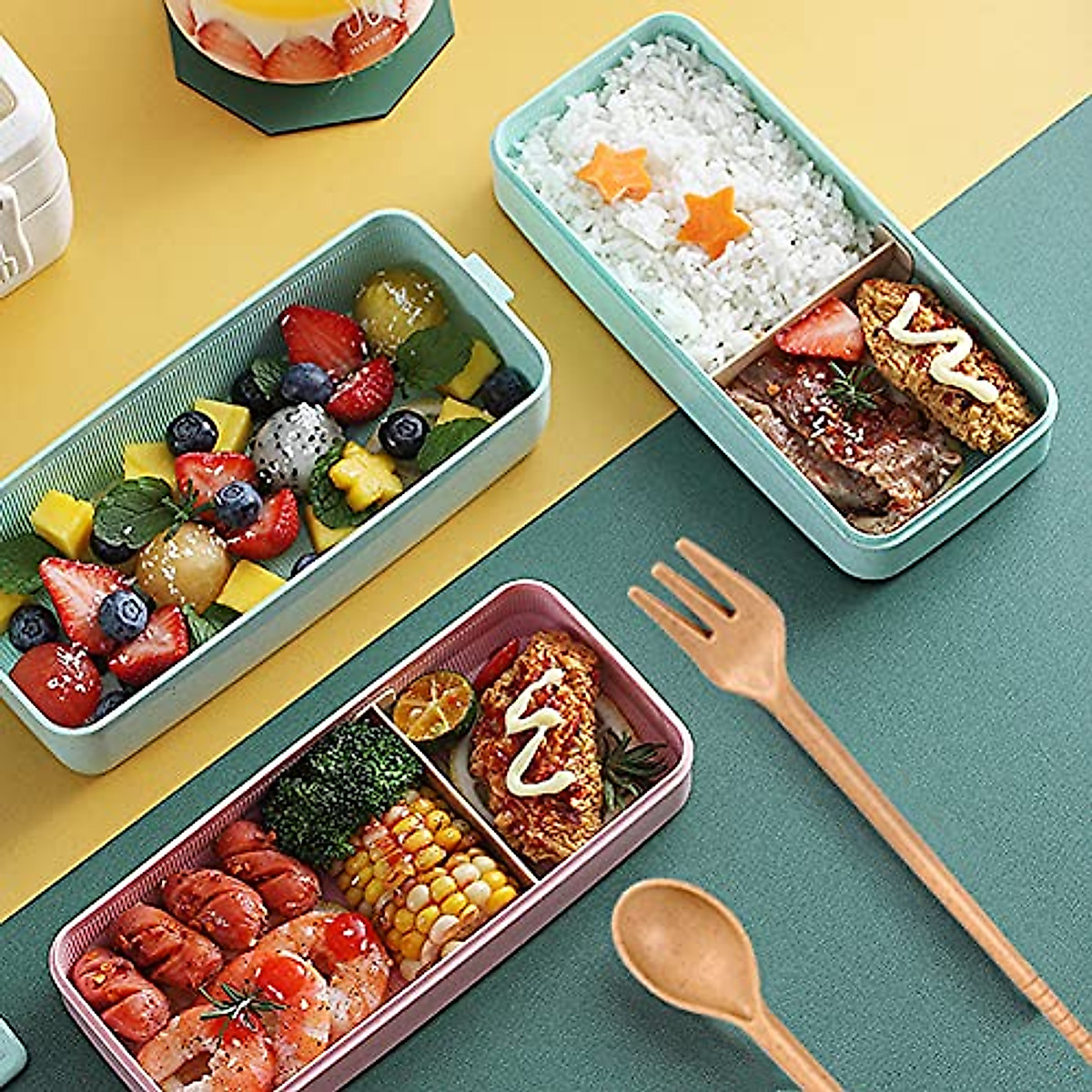 Iteryn Bento Adults Lunch Box, Stackable Bento Box, 3-In-1 Compartment - Wheat Straw, Leakproof Bento Lunch Box Meal Prep Containers