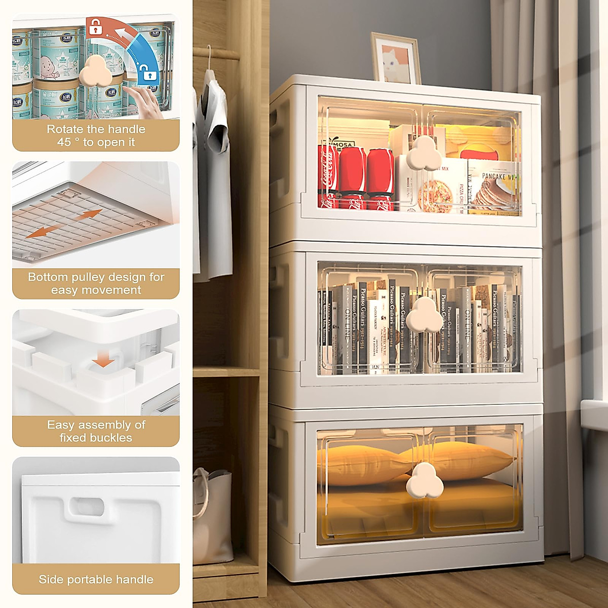 Stranthother 80 Gallon Large Storage Bins with Lids,Collapsible Plastic Storage Bins,Stackable Closet Organizer with Double Doors & Wheel,Folding Storage Cabinet Container Clothes Organizer,3 Pack