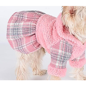 Dog Hoodie Dress Winter Dog Sweaters for Small Dogs Girl Cold Weather Warm Puppy Dresses Pink Plaid Pet Clothes Outfits for Chihuahua Yorkie Teacup Cat Skirt Coat Apparel Clothing (Small, Pink)