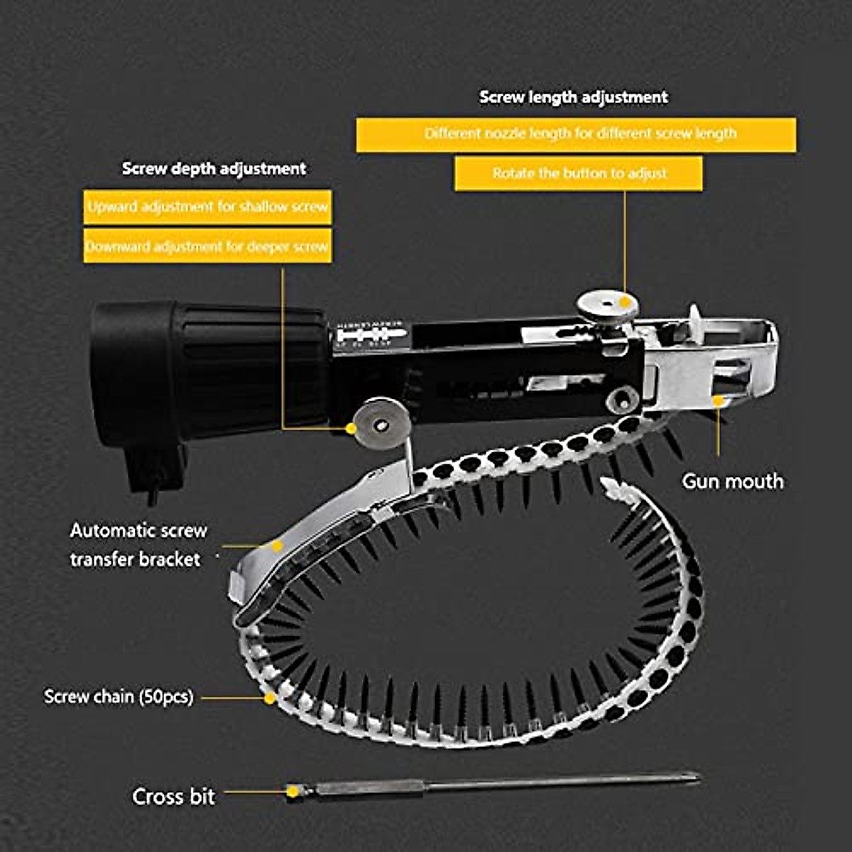Deck Screw Gun, Drywall Screw Gun, Automatic Screw Spike Chain Drill Screw Chain Adapter for Electric Drill Attachment