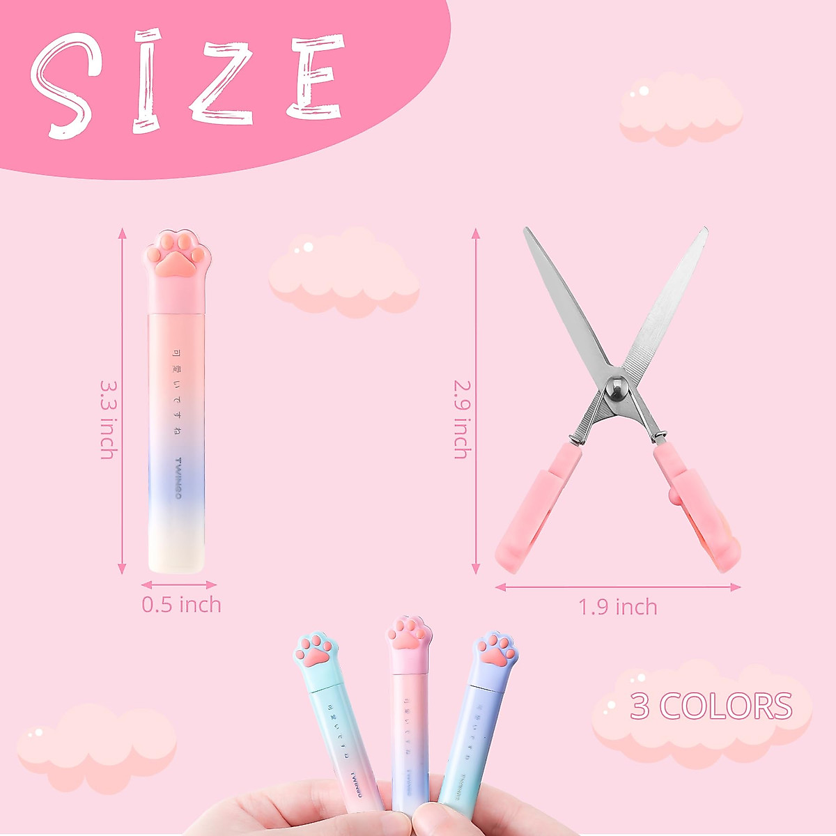 3 Pieces Cute Mini Scissors, Cartoon Cat Paw Stainless Steel Craft Scissors, Folding Stationery Scissors with Safety Cover, Portable Safety Scissors for Paper Cutting, Scrapbooking, Crafting