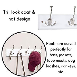 BIRDROCK HOME Tri Hook Coat Rack - 5 Hooks - Wall Mount Hat Rack - White Finish - Satin Nickel Hooks