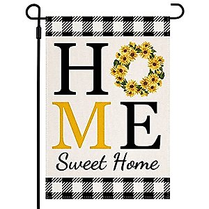 QWETRY Sunflower Home Sweet Home Garden Flag for Outside Summer Flags for Farmhouse Lawn Outdoor Décor, Burlap Vertical Buffalo Check Plaid Flower Small Rustic Yard Flags 12.5 x 18 Inch Double Sided