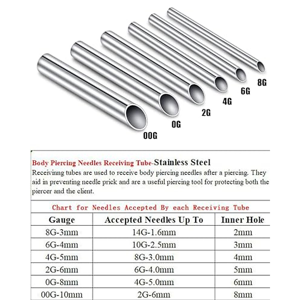 CHUANCI 361L Surgical Steel Piercing Receiver Piercing Needle Receiving Tube Body Jewelry Holding Tattoo Supplies Microblading Tools (6PCS 8mm(0g))