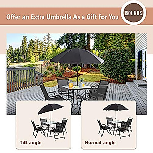 Vongrasig 6 Pieces Folding Patio Dining Set, All Weather Small Metal Outdoor Table and Chair Set, Garden Patio Furniture Set w/Umbrella, Glass Table & 4 Folding Chairs for Lawn, Deck, Backyard, Black