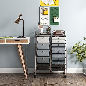 15 Drawer Rolling Storage Cart, Mobile Utility Cart with Lockable Wheels, Drawers, Multipurpose Organizer Cart for Home, Office, School, Gradient Black