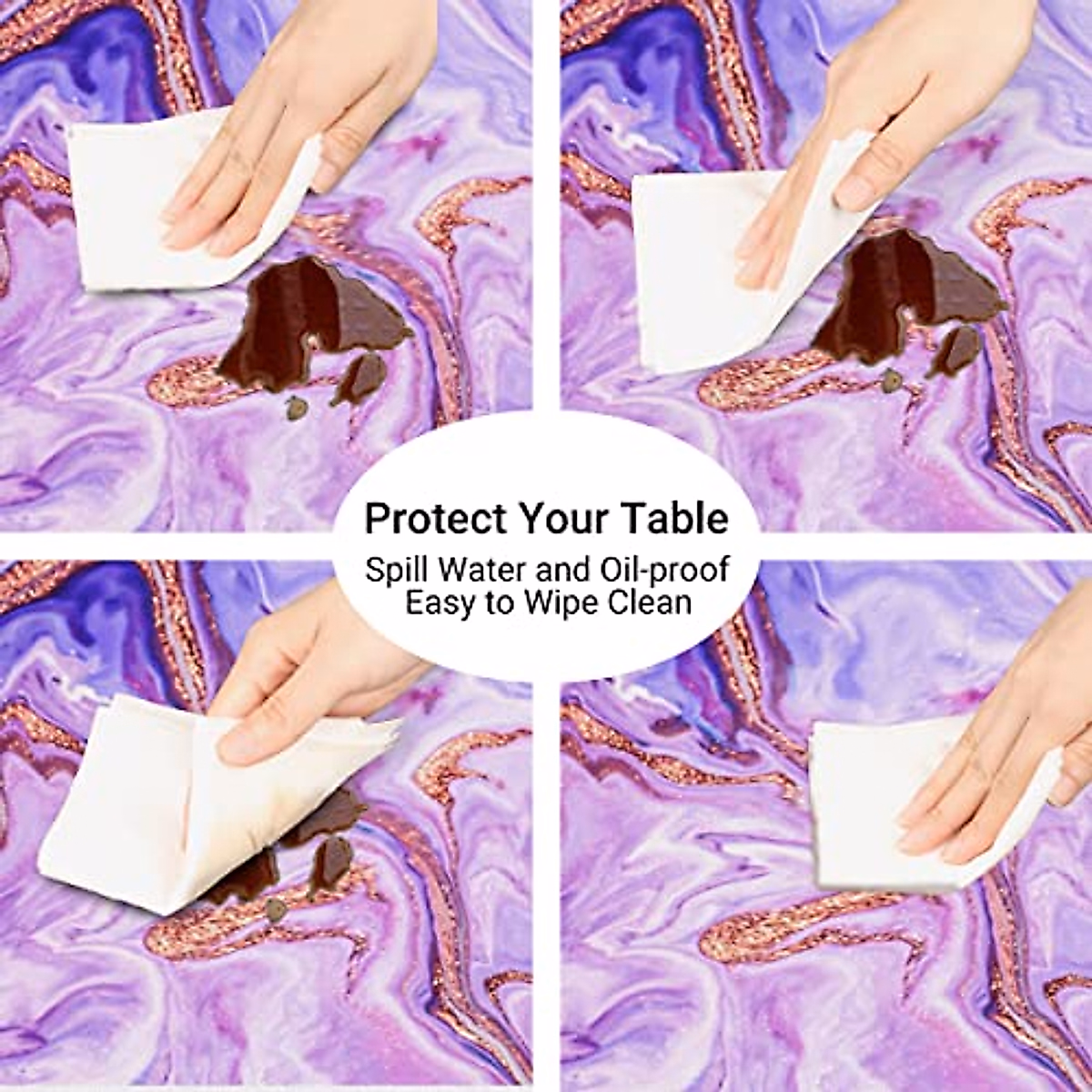 Purple Marble Fitted Tablecloth, Abstract Cute Elastic Edge Round Tablecloth Cover Fit Table 36-42 Inch Diameter, Waterproof Stain Resistant Polyester Tablecloth for Kitchen Dining Picnic Party