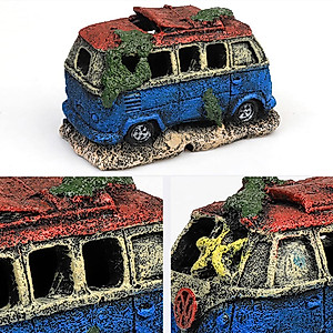 NF Aquarium Decoration Resin Imitation Car Wreck,Fish Tank Supplies Accessories Ornament Hideouts Stone Air Bubble Stone Oxygen Pump