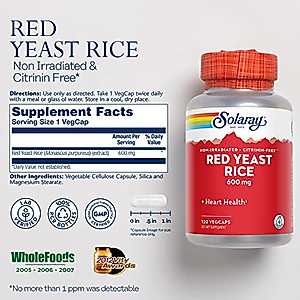 SOLARAY Red Yeast Rice, Healthy Heart & Cardiovascular Support, Non-Irradiated & Citrinin-Free, 60 Day Money-Back Guarantee, 120 Servings, 120 VegCaps