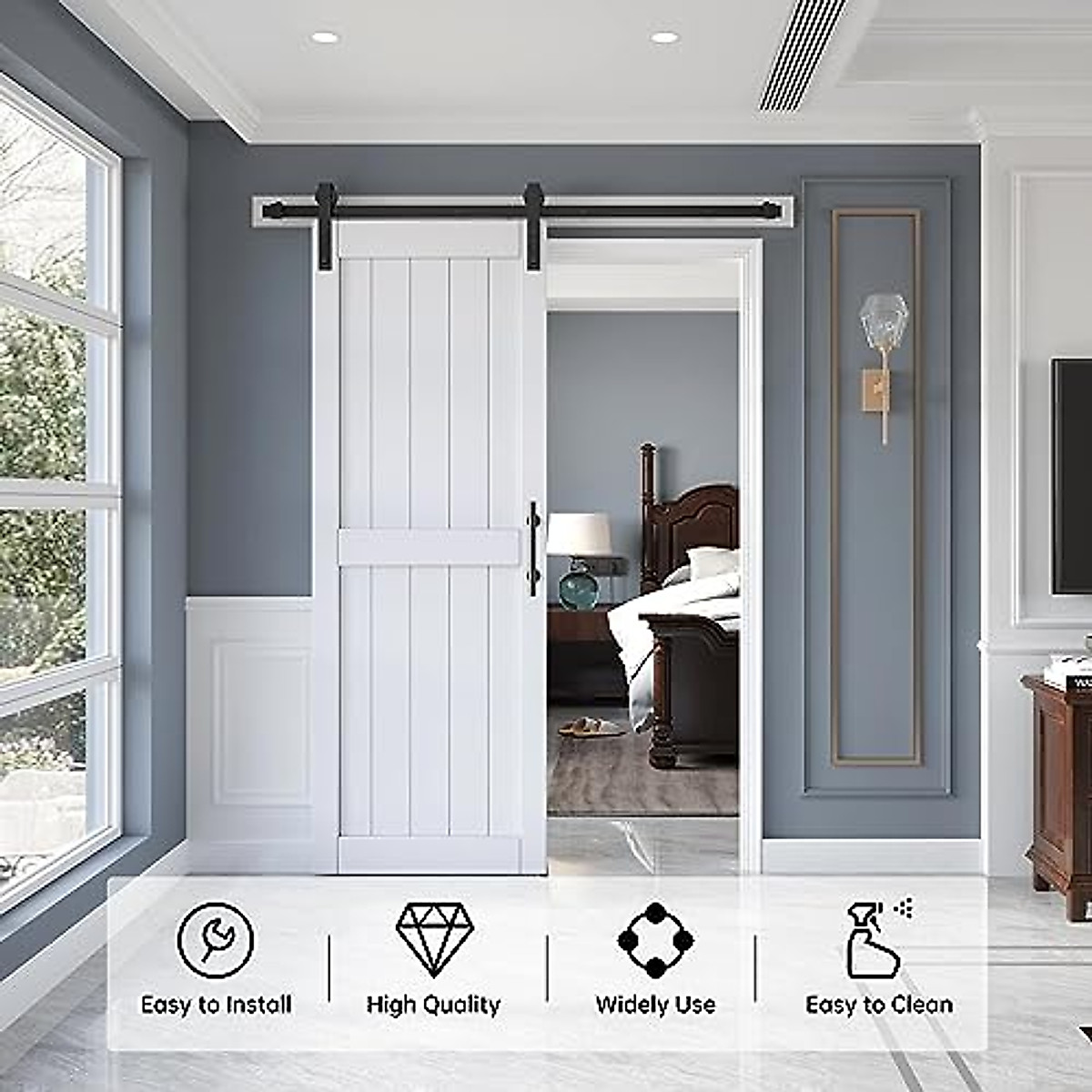 Finosen 30in x 84in White Barn Door Slab with 5.5FT Sliding Door Hardware Kit,Waterproof,Anti-Scratch,DIY Easy Assembly,Easy to Clean,H Frame