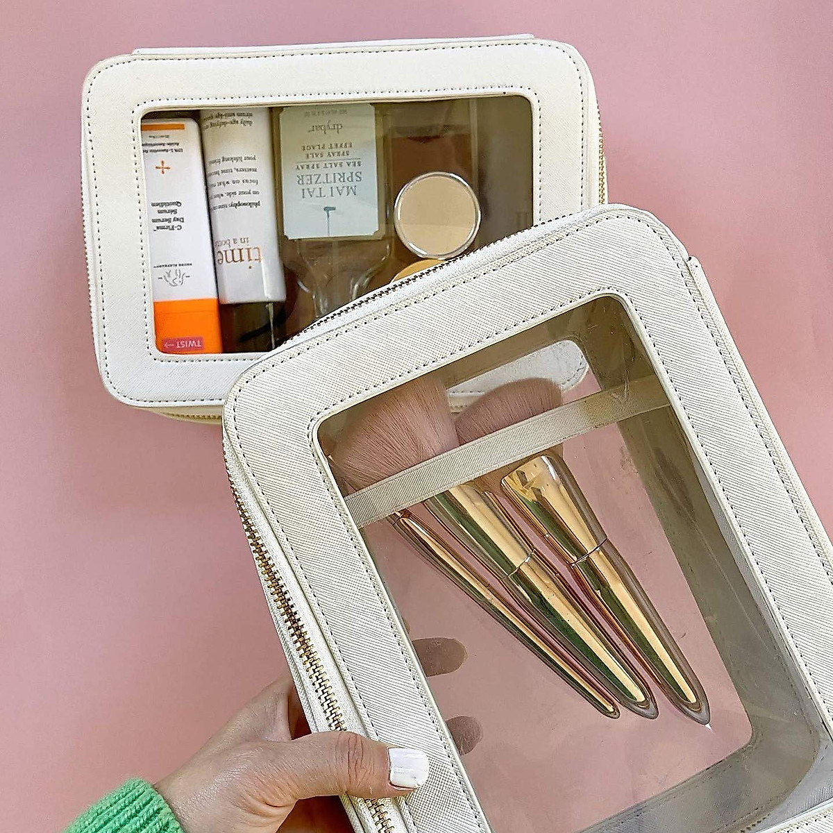 ZOOX Clear Jetset Case, Jumbo Size, 2-Layer Compartments, Chic Cosmetics Makeup Bag for Travel (White Ivory)