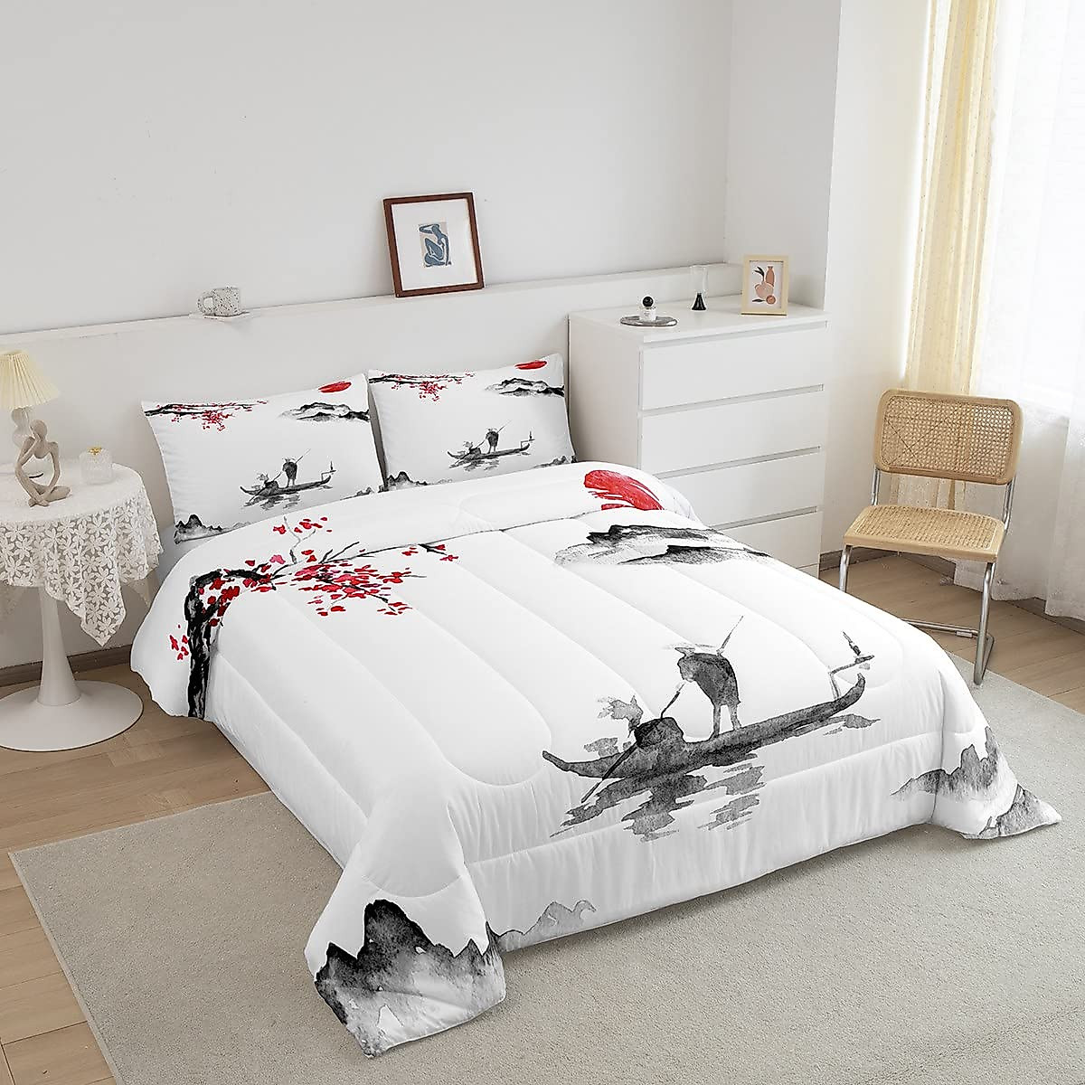Japanese Ukiyoe Theme Comforter Set Hokusai Pattern Bedding Set Japanese-Style Comforter White Quilted Duvet Set for Kids Boys Girls Full