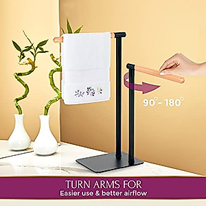 Black Hand Towel Stand for Countertop - Steel and Bamboo Hand Towel Holder for Bathroom Countertop, Double L-Shaped Black Hand Towel Holder for 2 Towels with Non-Slip Pads