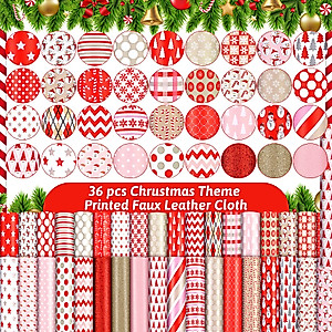 36 Pieces Christmas Faux Leather Sheets Glitter Faux Leather Fabric Snowflake Snowman Printed Christmas Fabric Synthetic Leather Sheet for DIY Christmas Craft Making, 8.3 x 6.3 Inch (Cute)