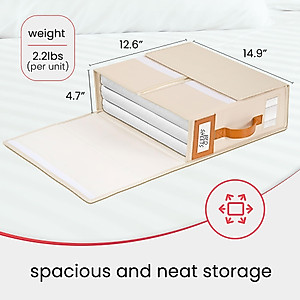 Wyliepop 4-Pack Bed Sheet Organizers, Premium Bedsheet Organizers and Storage with Leather Handles & Borders, Woven Oxford Fabric, Heavy Duty Zipper - 14.9"x12.6"x4.7" Linen Bedsheet Organizer Boxes