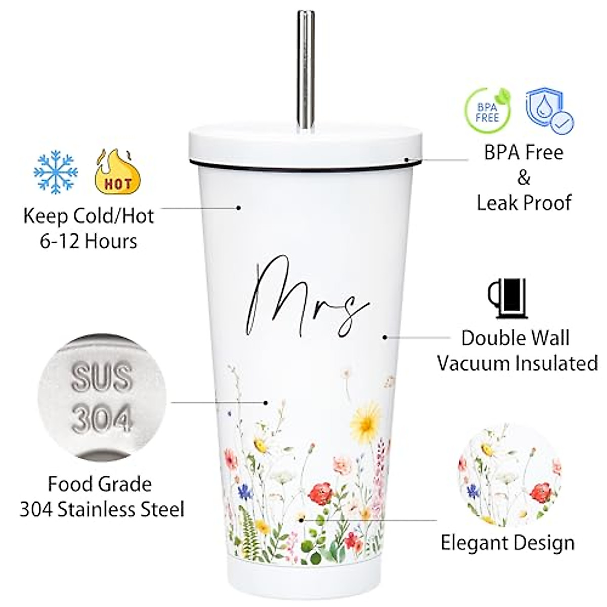 Crisky Wildflower Mrs Gifs Bride Cup for Wedding Engagement Bridal Shower Stainless Insulated Tumbler with Lid & Box 26 OZ